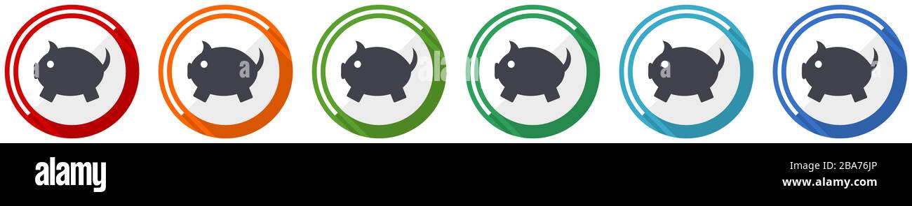 Piggy bank icon set, flat design vector illustration in 6 colors ...