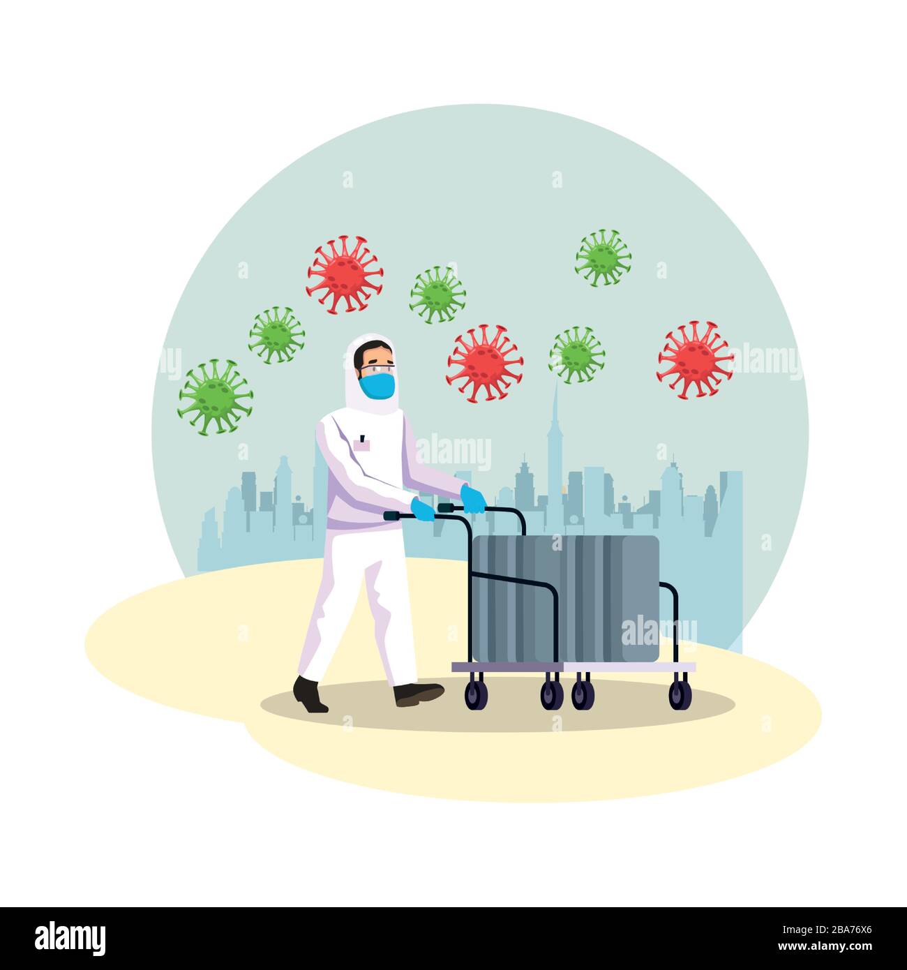 biohazard cleaning person with cart and covid19 particles Stock Vector ...