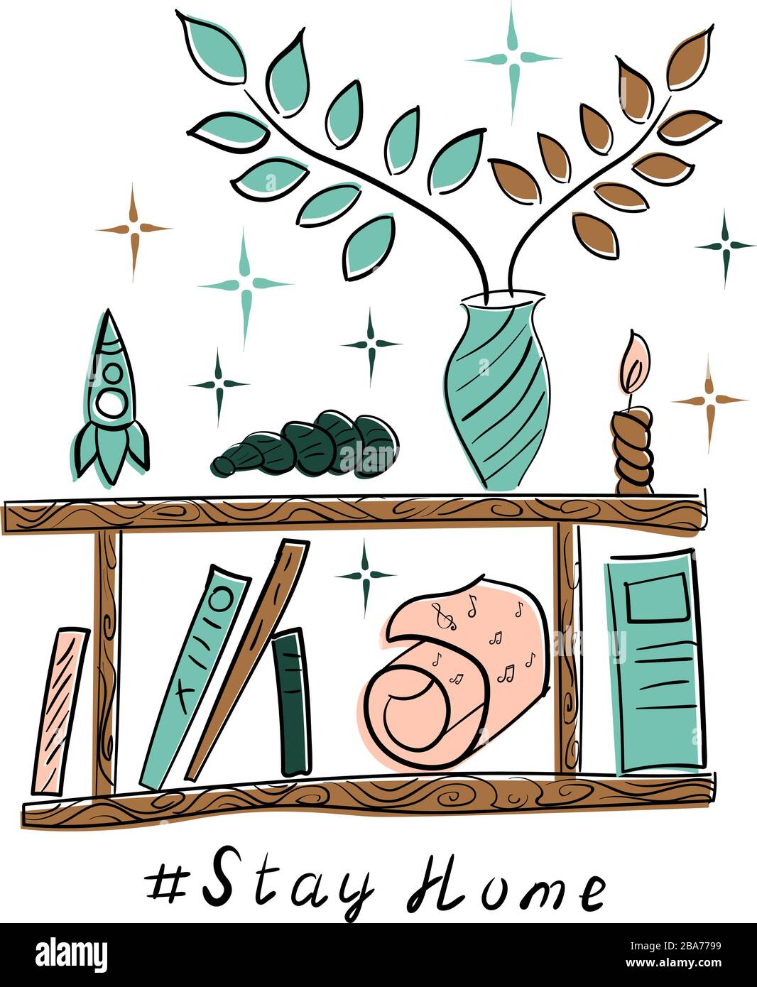 Wooden shelf with books, vases, plants, rolls of paper, shells, rocket ...