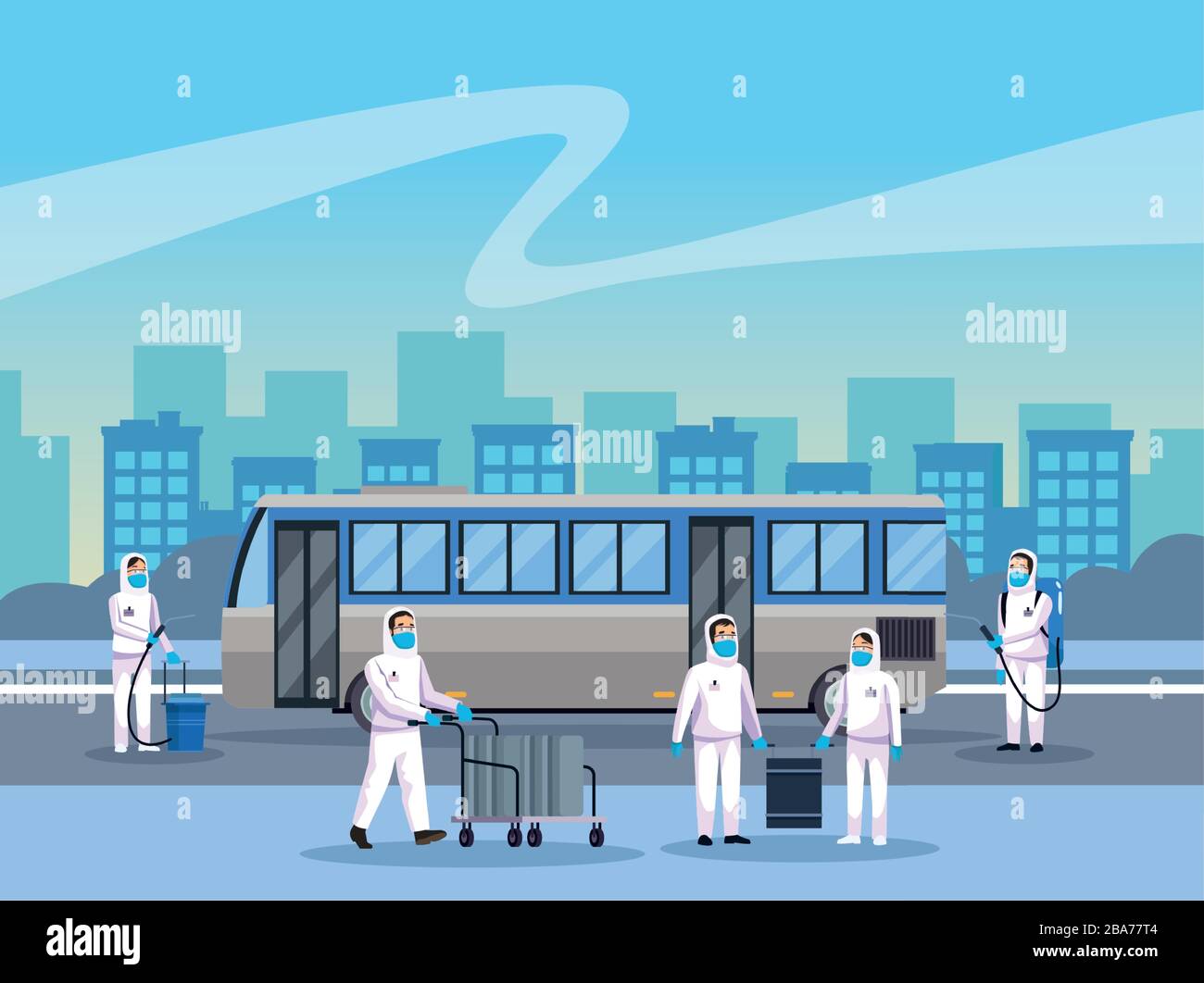 biohazard cleaning persons with sprayer clean a bus Stock Vector Image ...