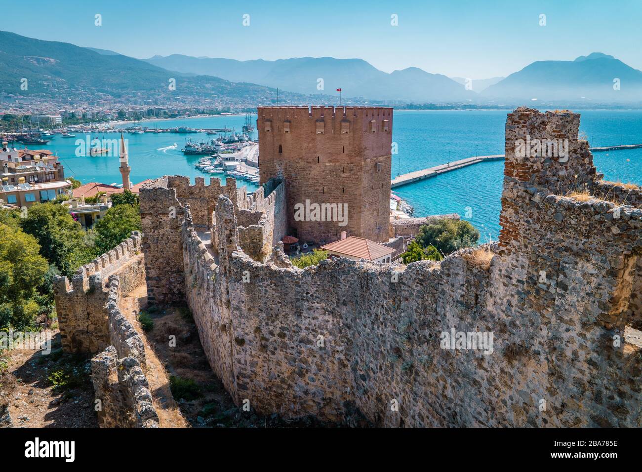 Turkey, Castle tower old town with wall in Alanya peninsula, Antalya ...