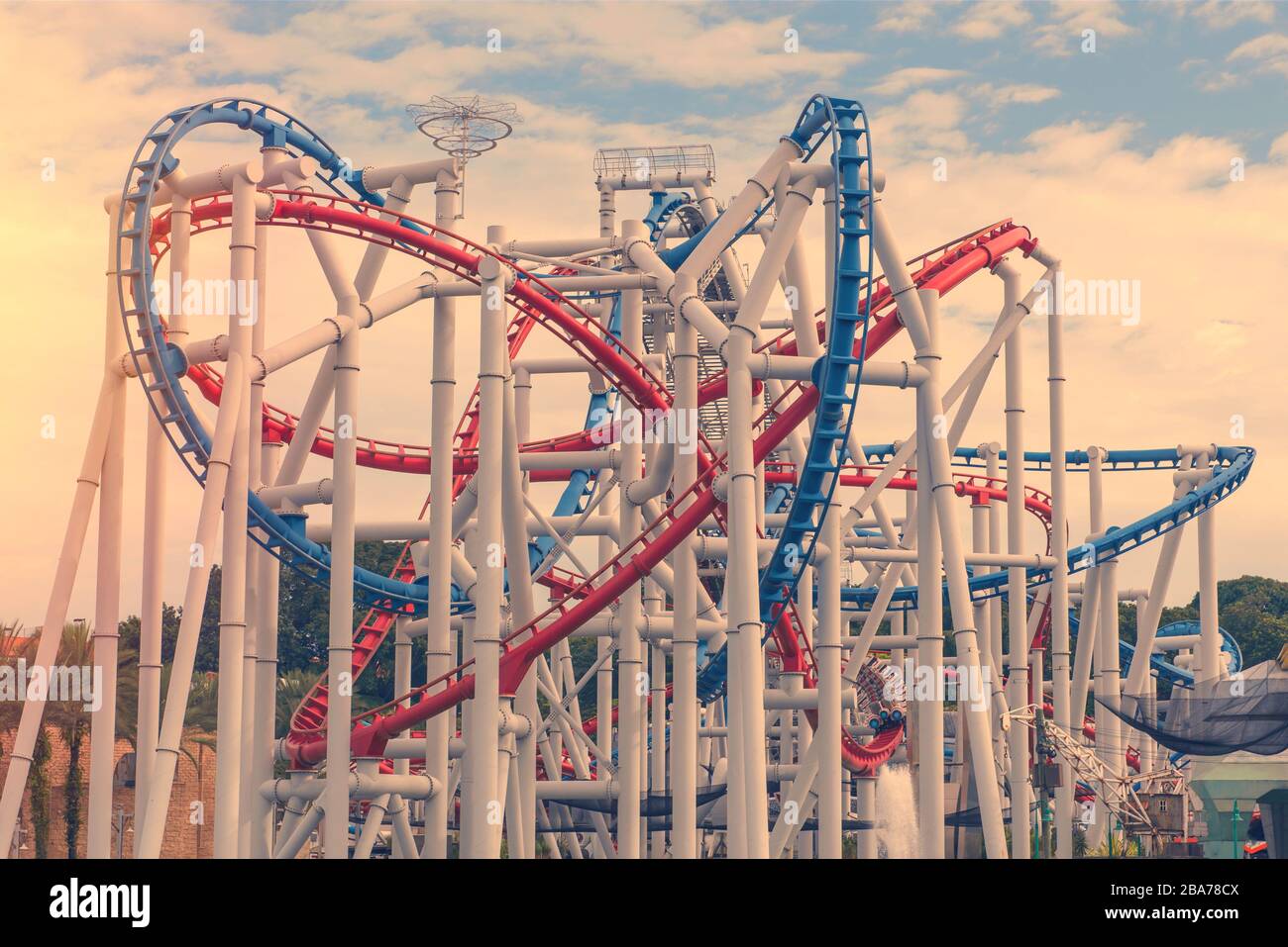 tracks of Roller coaster against blue sky, Perspective Concept Stock ...