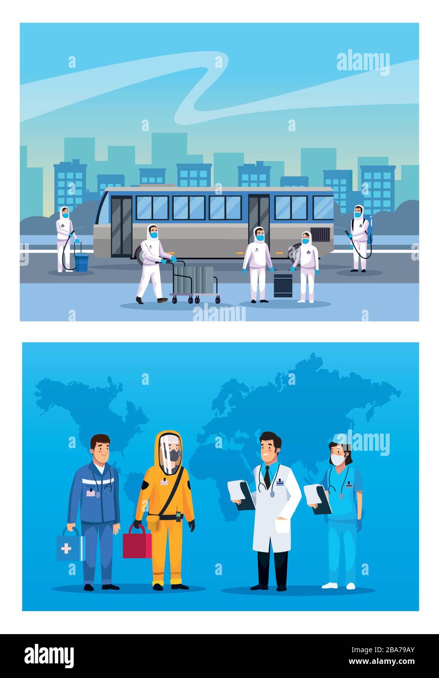 biohazard cleaning persons with sprayer clean a bus Stock Vector Image ...