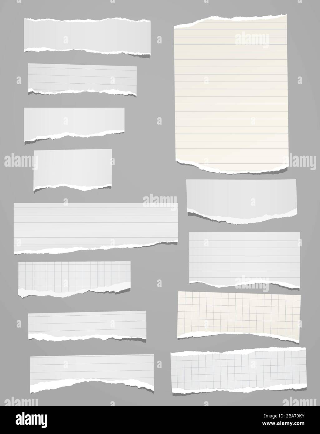 Torn of vertical white, lined note, notebook paper strips, pieces stuck ...