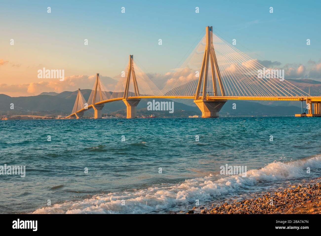 Greece. Gulf of Corinth and Rio Antirio bridge. Sunset lighting on a ...