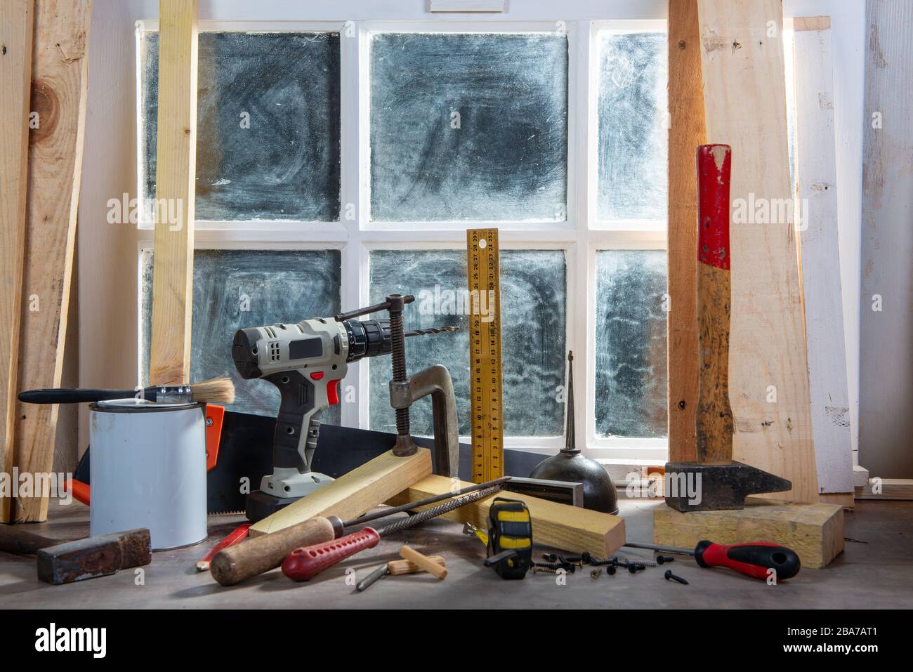 some tools of carpenter in the workshop, near the window Stock Photo ...