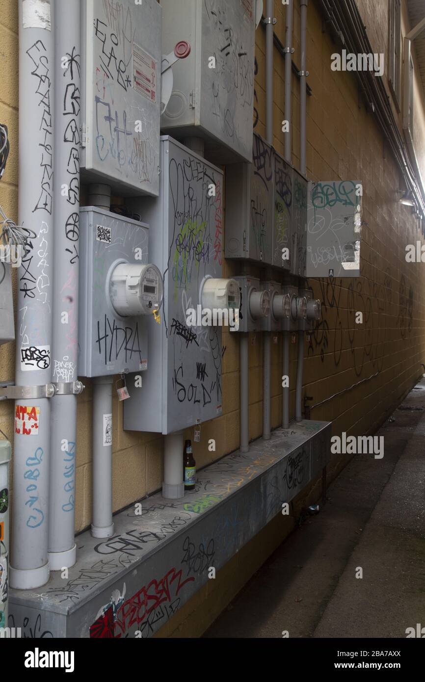 Vertical shot of electrical control panels on the side of a wall in New ...