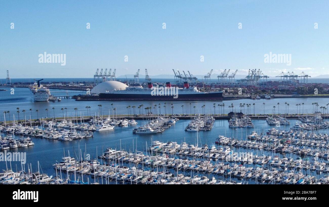 General overall aerial view of The Queen Mary at the Long Beach Cruise ...
