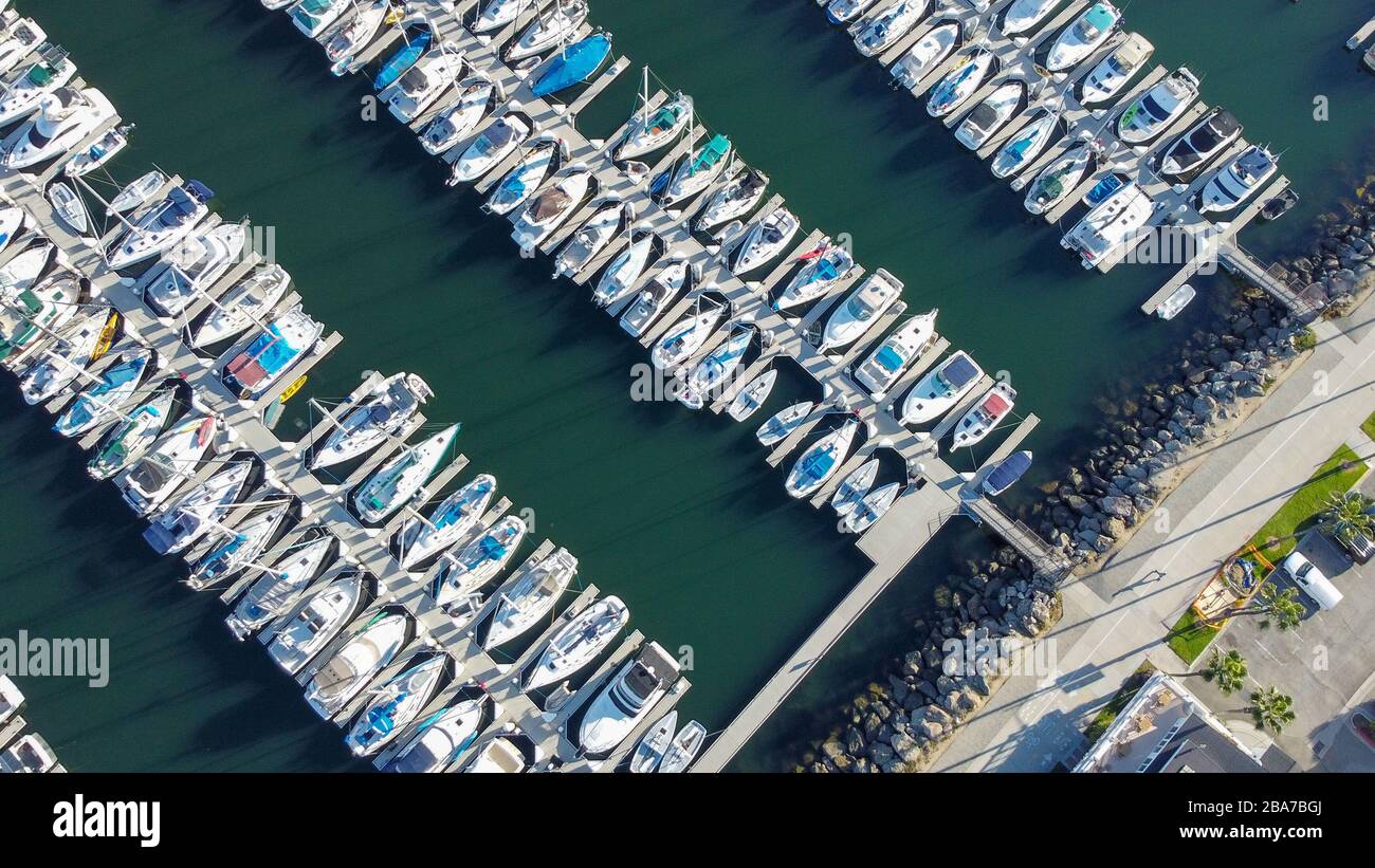 General overall aerial view of boats docked near the Long Beach ...