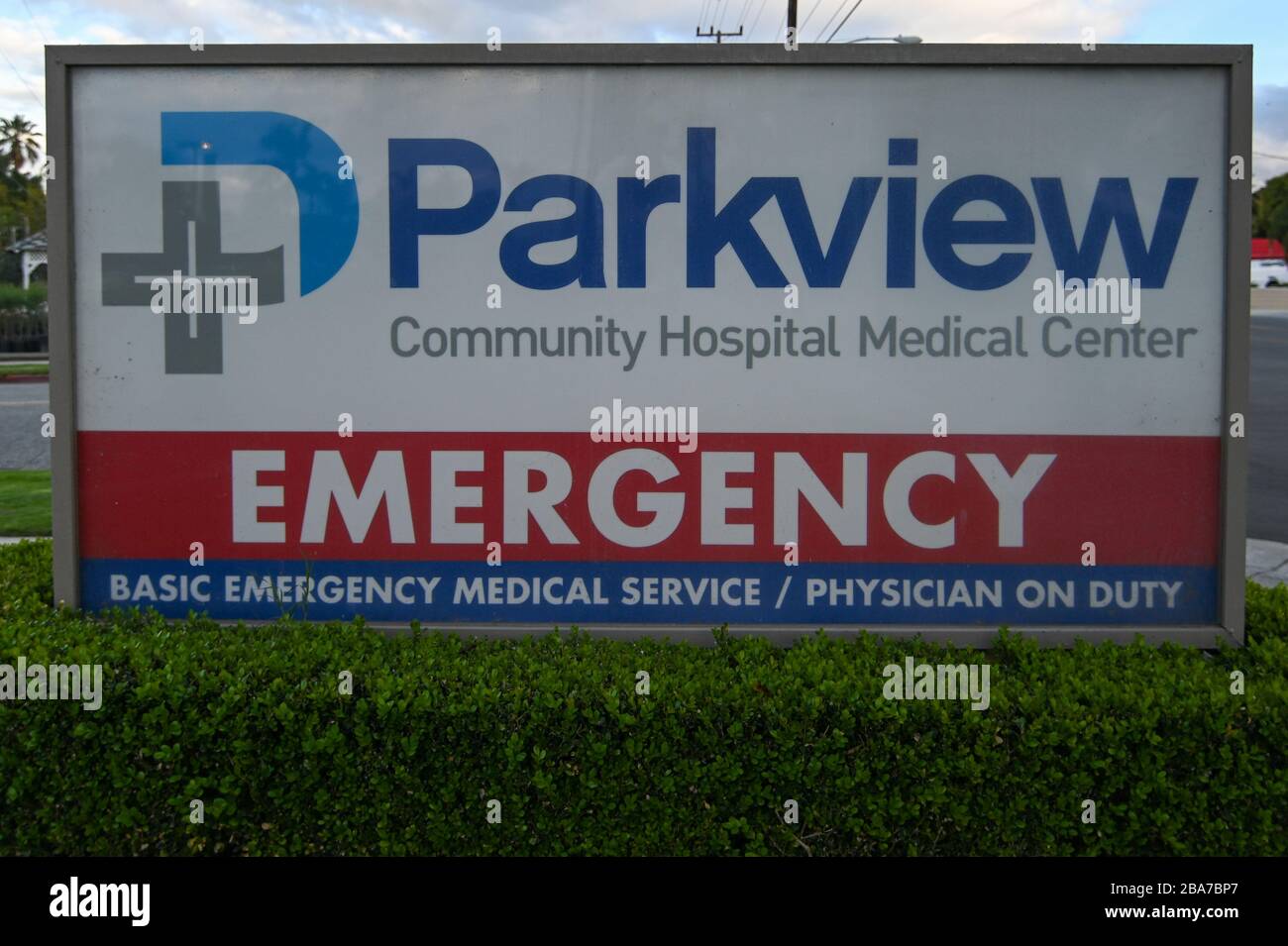 General overall view of signage outside Parkview Community Hospital on ...