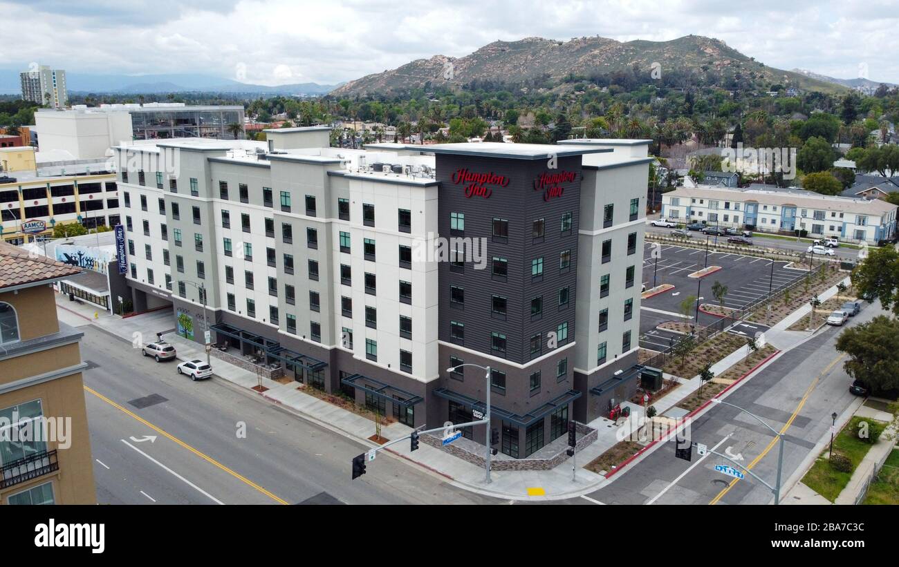 General overall aerial view of the Hampton Inn Riverside Downtown on ...