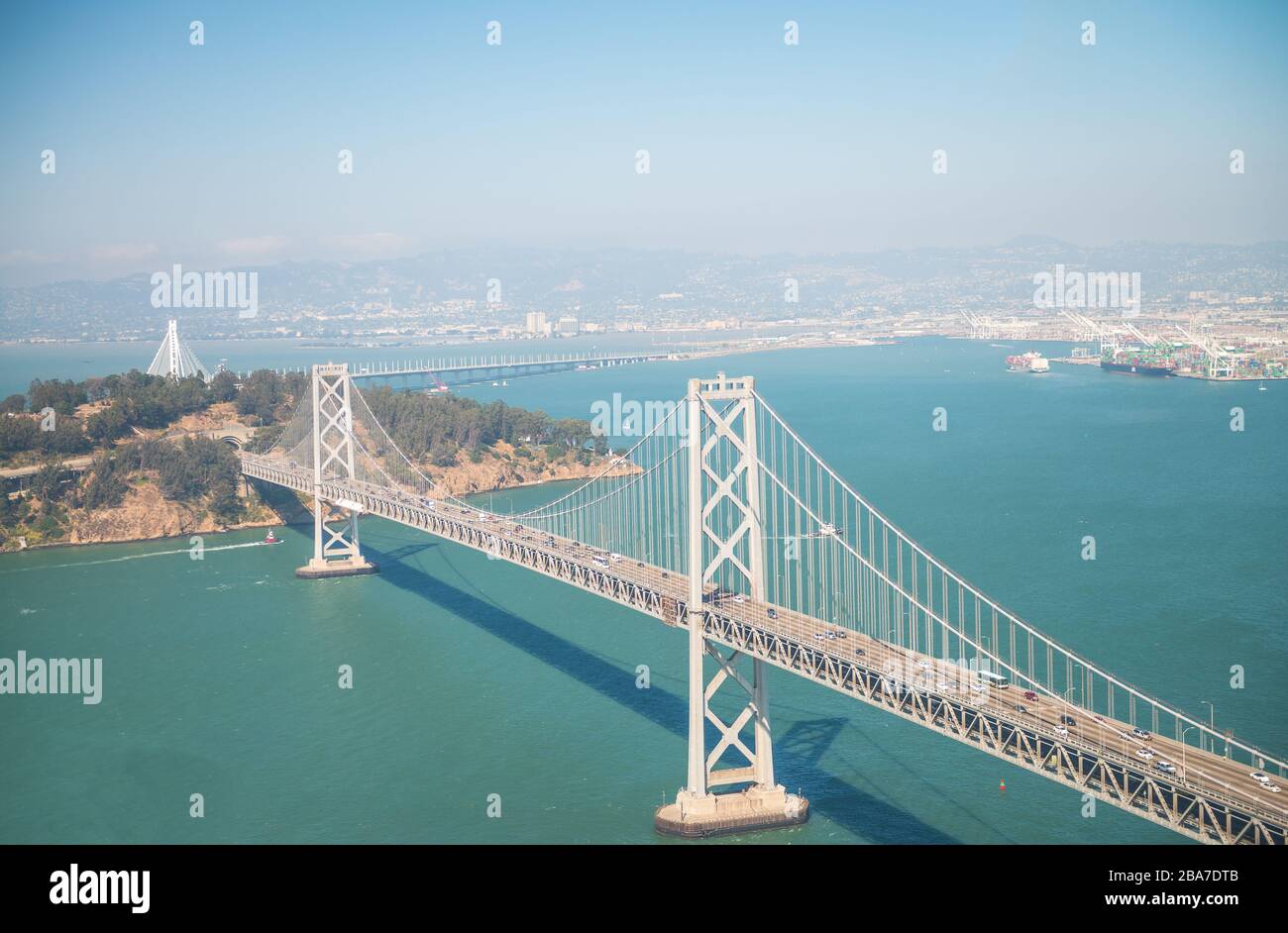 Aerial view of Bay Bridge in San Francisco from helicopter, CA Stock ...