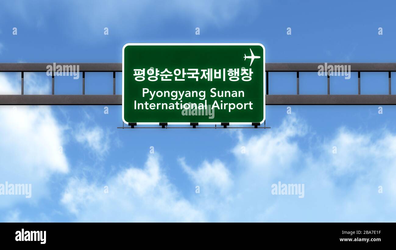 Pyongyang Sunan North Korea Airport Highway Road Sign 3D Illustration ...