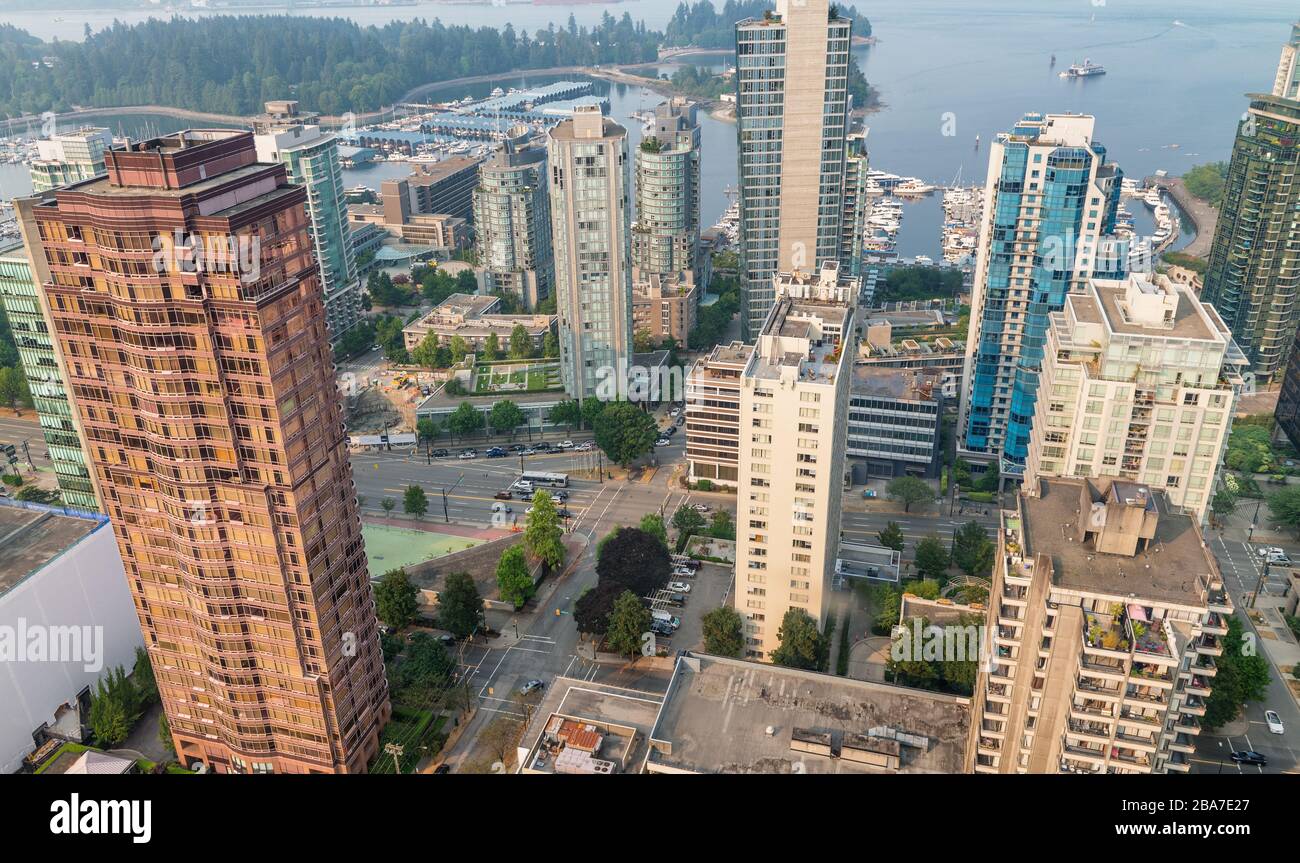 Aerial view of Vancouver Downtown skyline from city rooftop, British ...