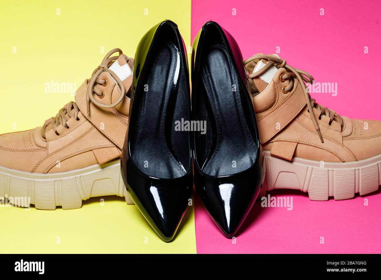 Fashionable women's shoes. Big brown leather shoes and black patent ...