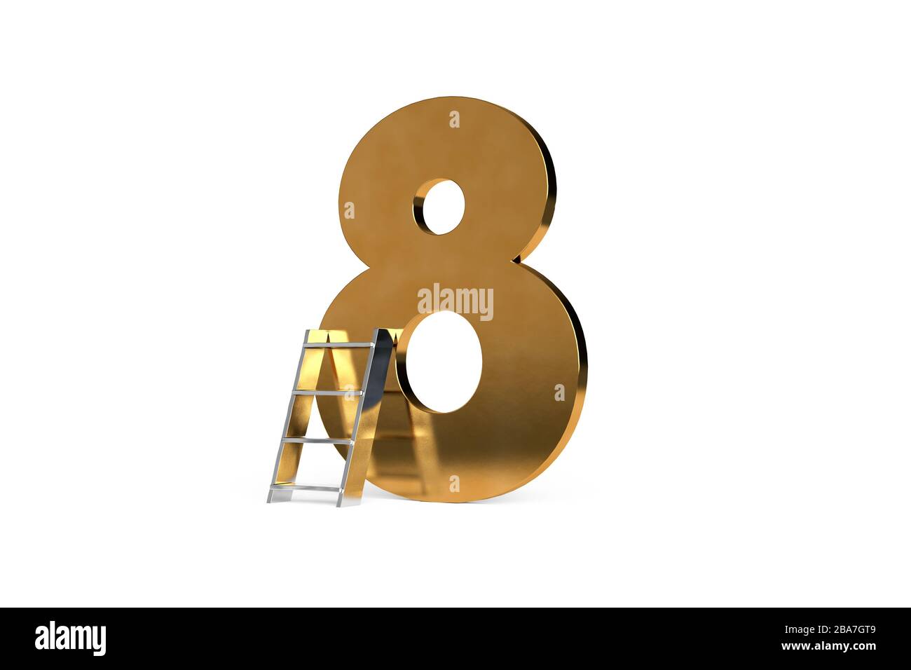 3d rendering, front view of golden color number eight with silver step ...