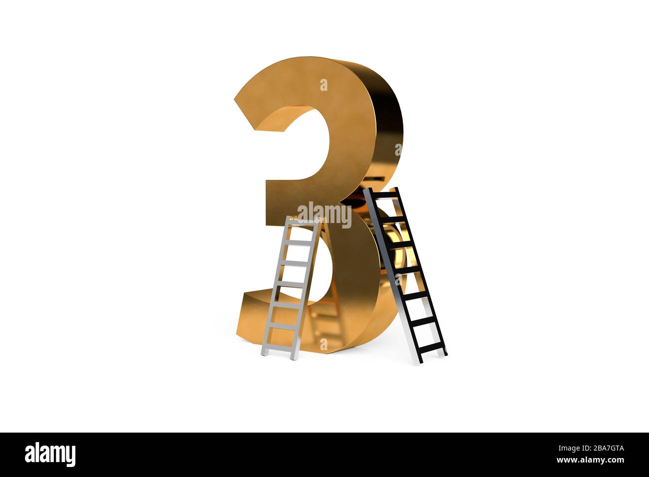 3d rendering, front view of golden color number three with silver step ...