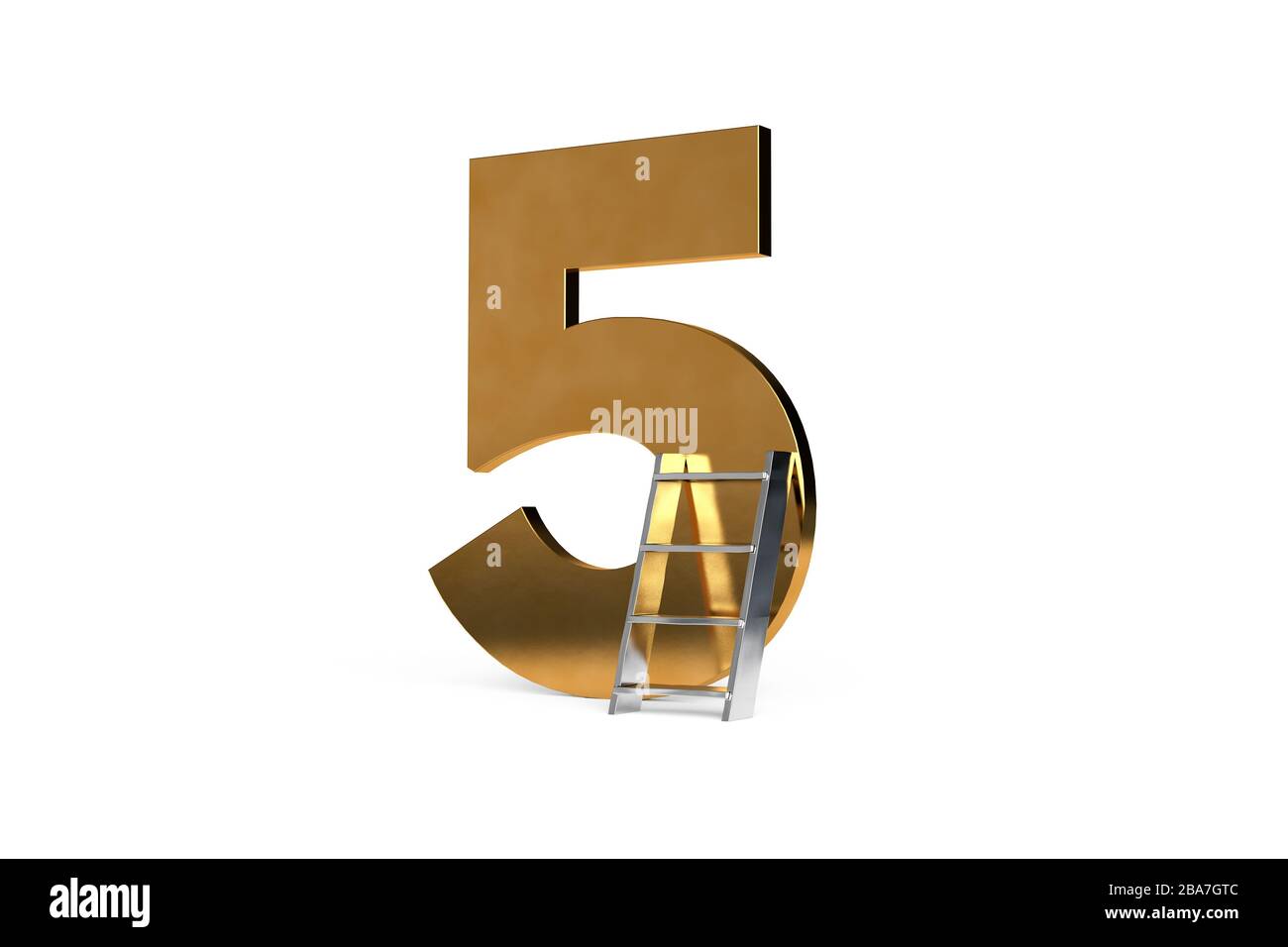3d rendering, front view of golden color number five with silver step ...