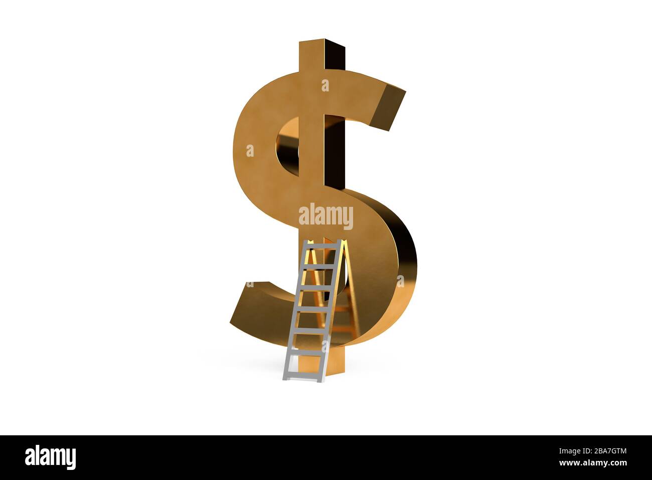3d rendering, front view of golden color dollar sign with silver step ...