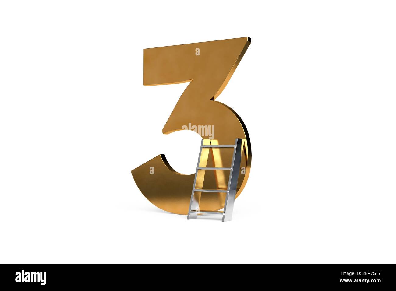 3d rendering, front view of golden color number three with silver step ...