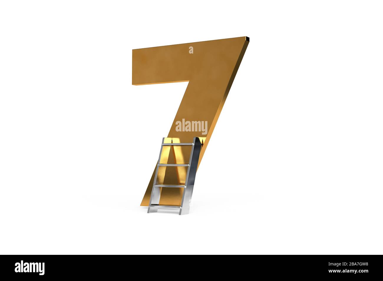 3d rendering, front view of golden color number seven with silver step ...