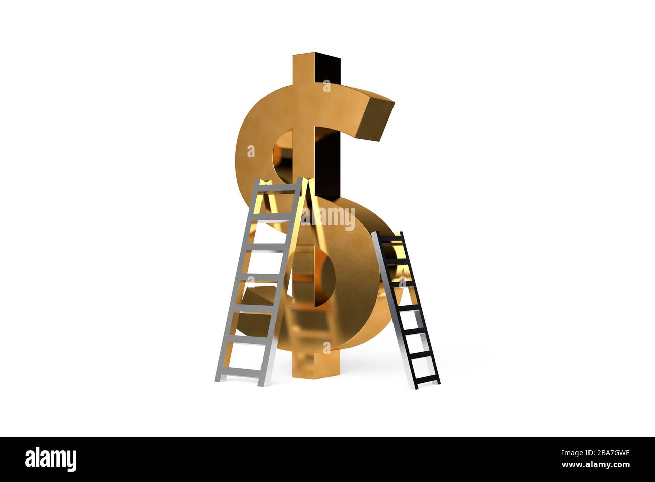 3d rendering, front view of golden color dollar sign with silver step ...