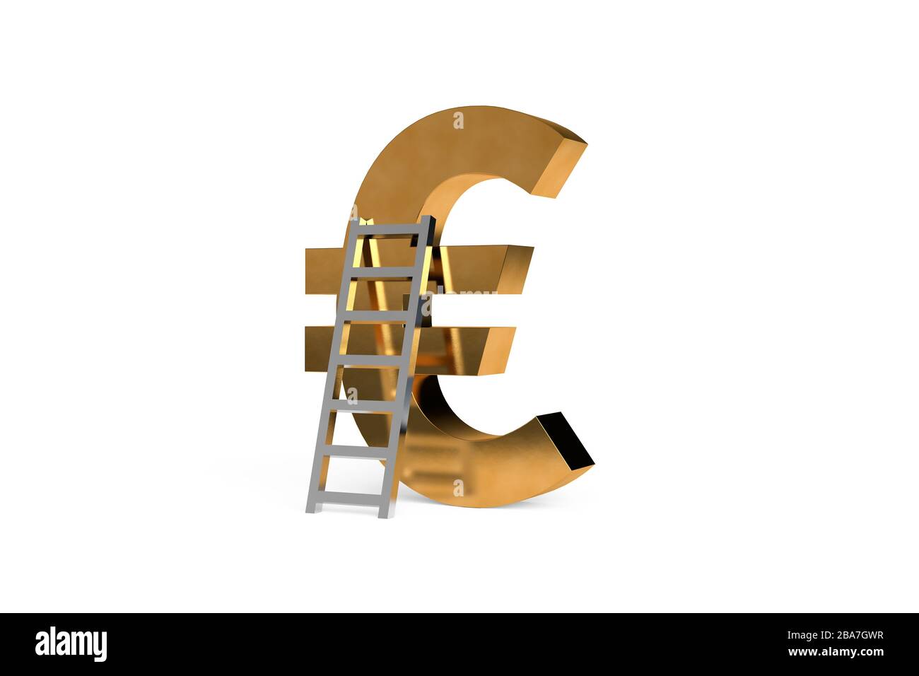 3d rendering, front view of golden color euro sign with silver step ...