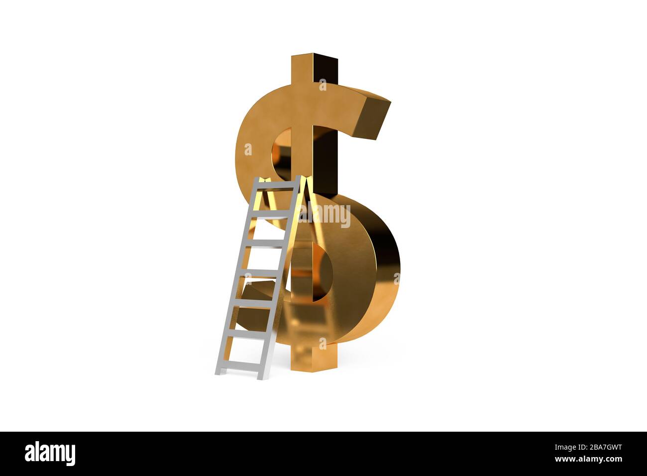 3d rendering, front view of golden color dollar sign with silver step ...