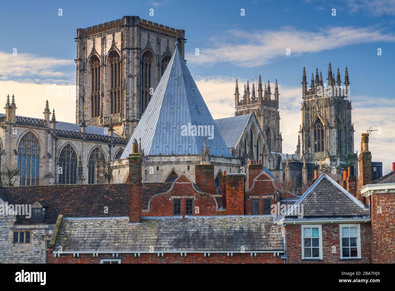 York Minster,s Chapter House, central tower and bell towers viewed from ...