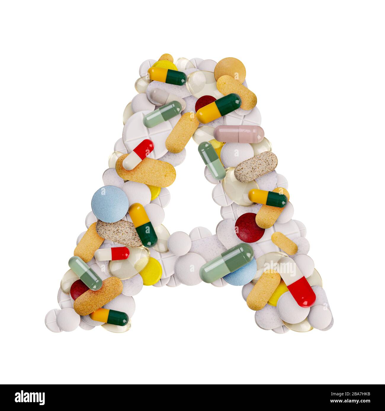 Capital letter A made of various colorful pills, capsules and tablets ...