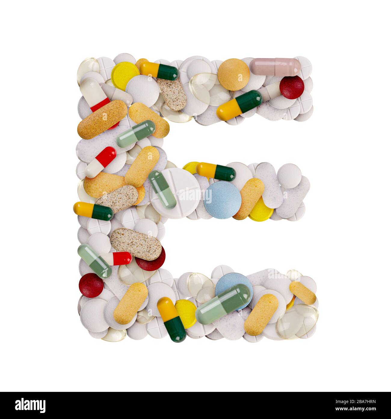 Capital letter E made of various colorful pills, capsules and tablets ...
