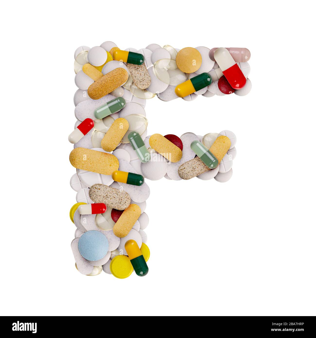 Capital letter F made of various colorful pills, capsules and tablets ...
