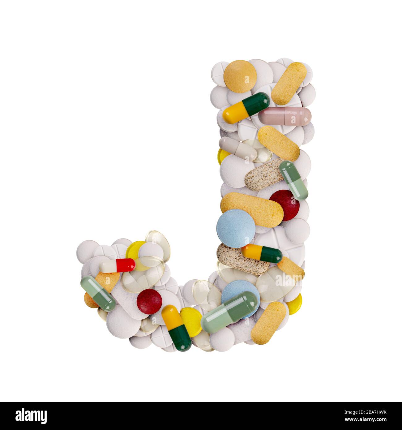 Capital letter J made of various colorful pills, capsules and tablets ...