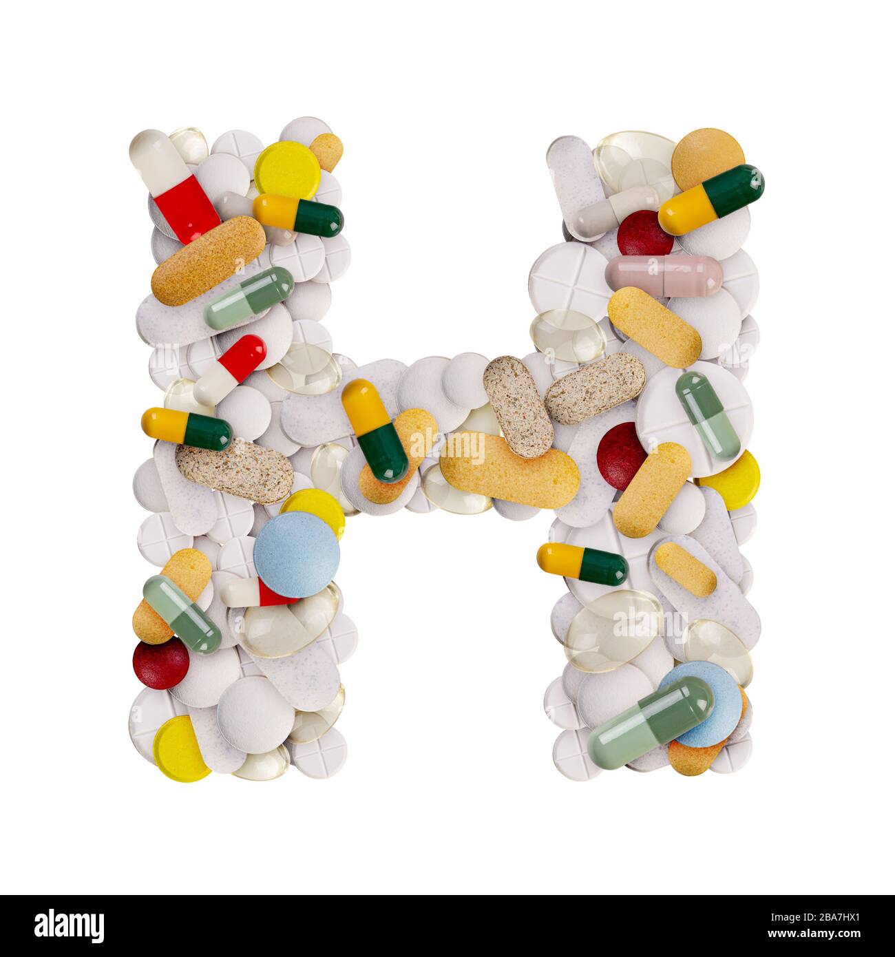 Capital letter H made of various colorful pills, capsules and tablets ...
