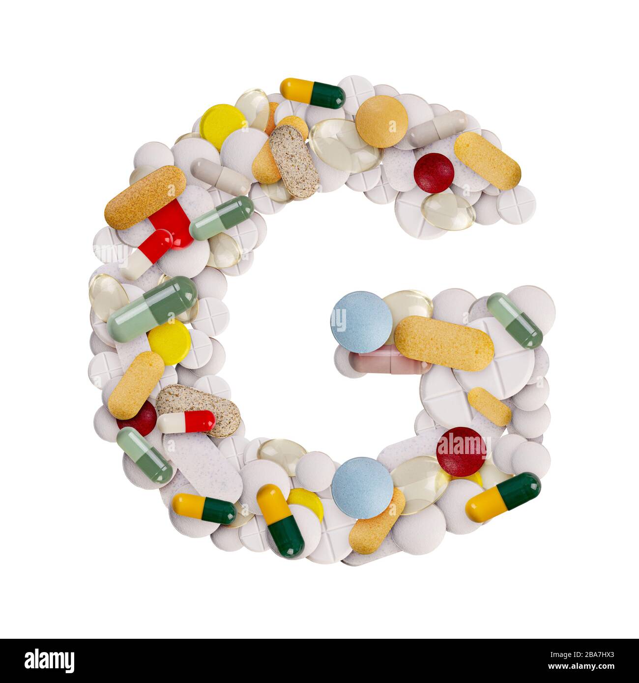 Capital letter G made of various colorful pills, capsules and tablets ...