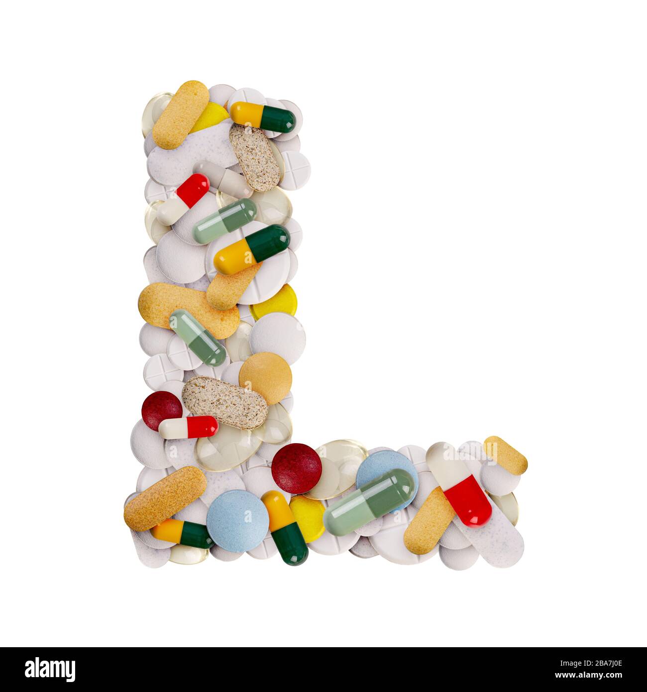 Capital letter L made of various colorful pills, capsules and tablets ...