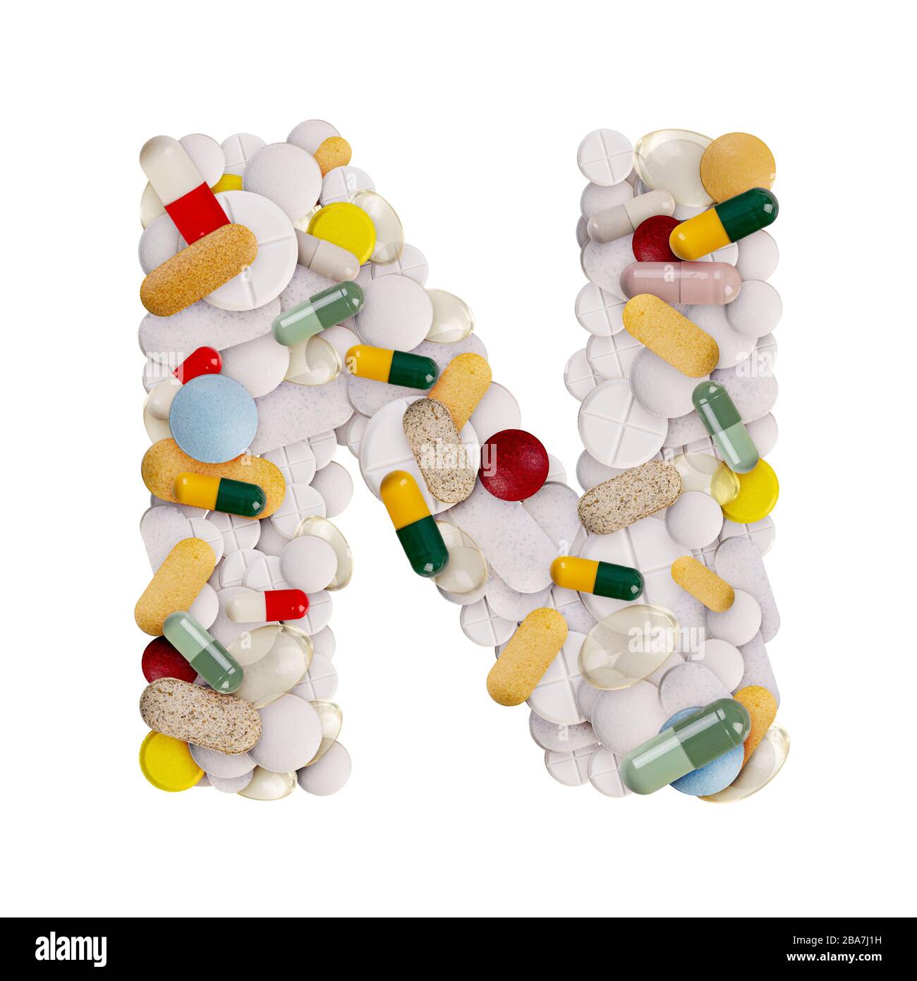 Capital letter N made of various colorful pills, capsules and tablets ...