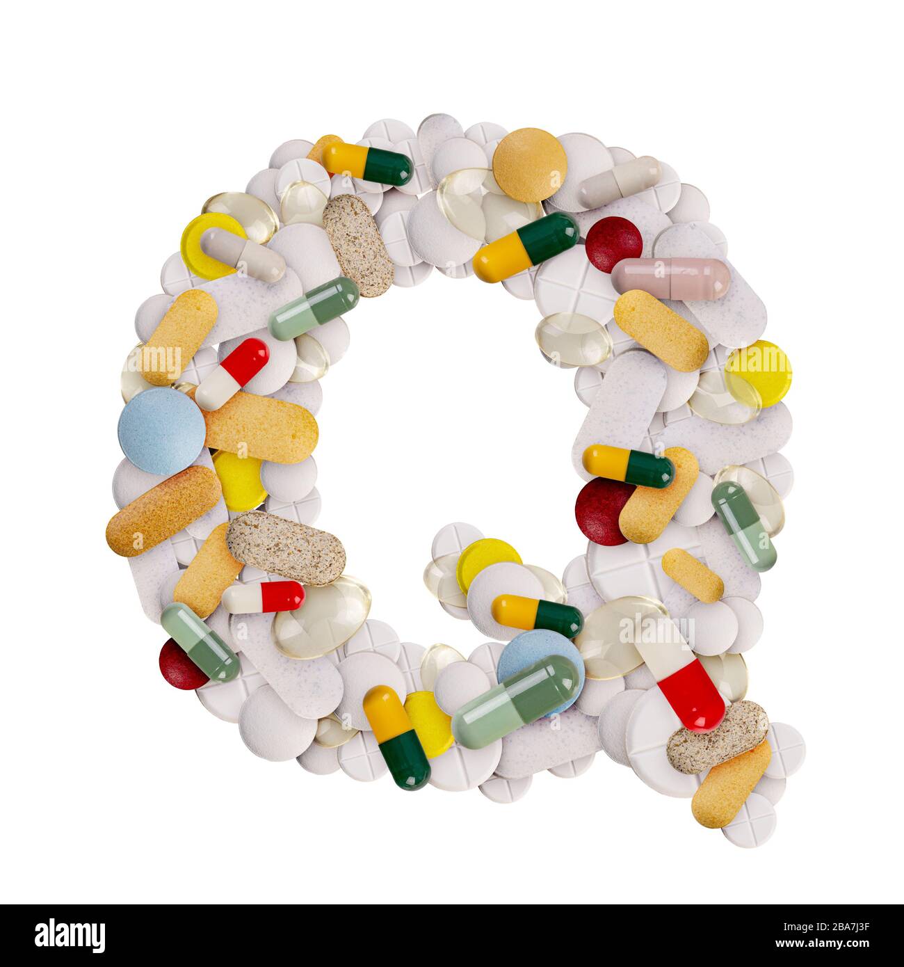 Capital letter Q made of various colorful pills, capsules and tablets ...