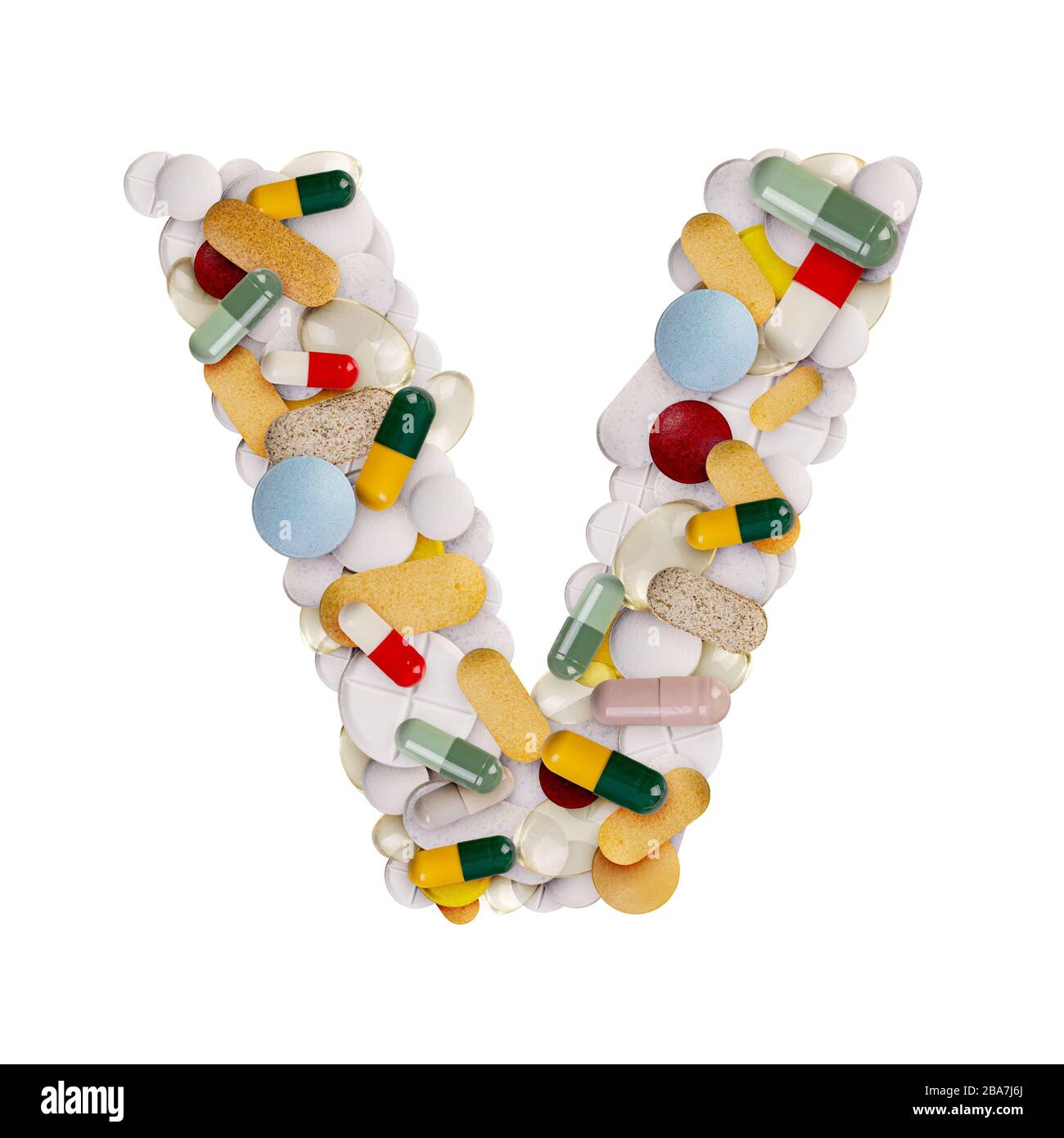 Capital letter V made of various colorful pills, capsules and tablets ...