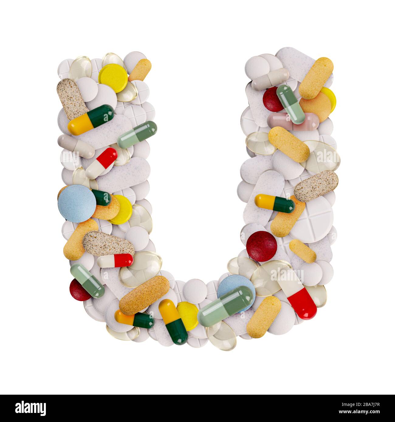Capital letter U made of various colorful pills, capsules and tablets ...