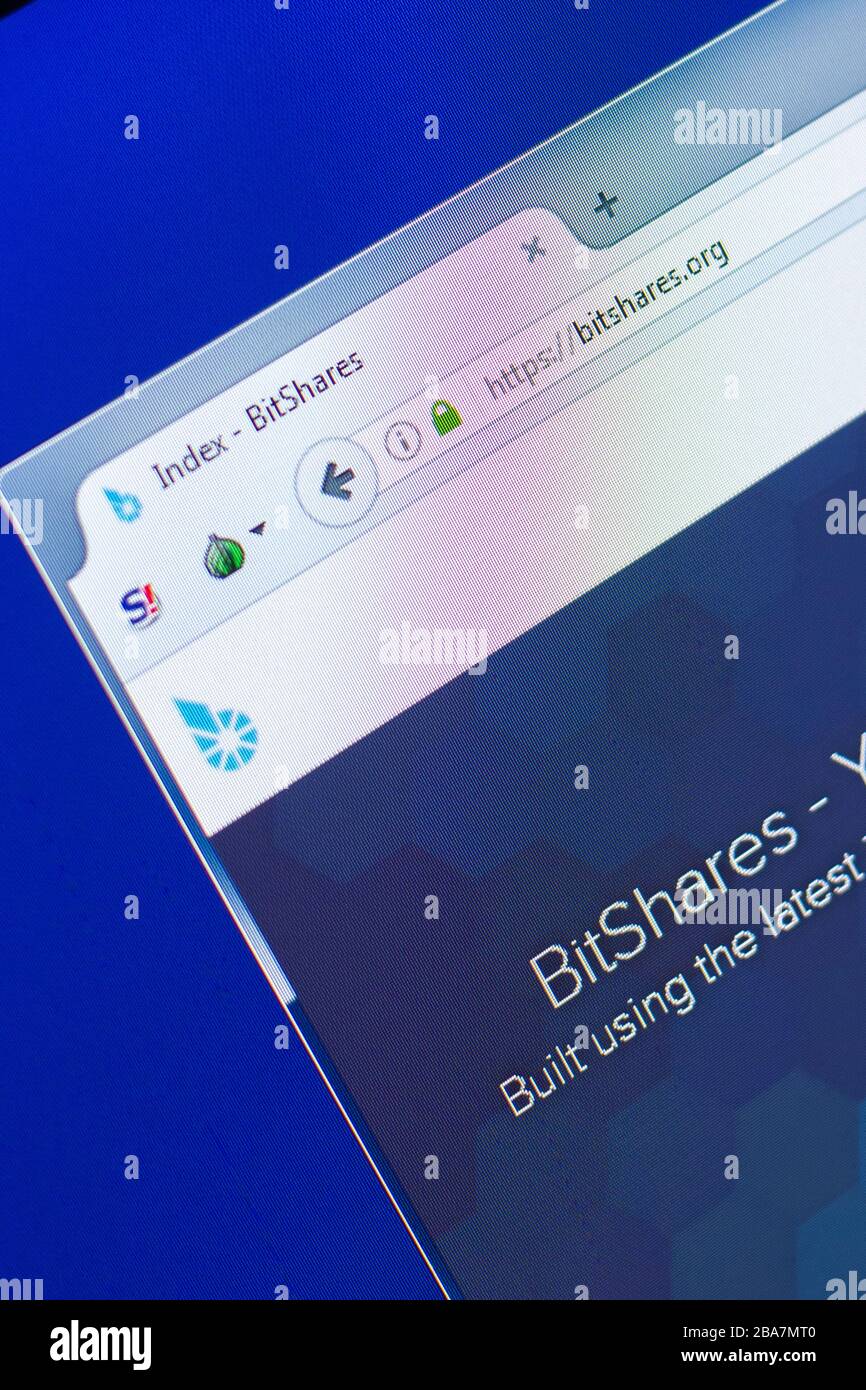 Ryazan, Russia - March 29, 2018 - Homepage of Bitshares cryptocurrency on a display of PC, web ...