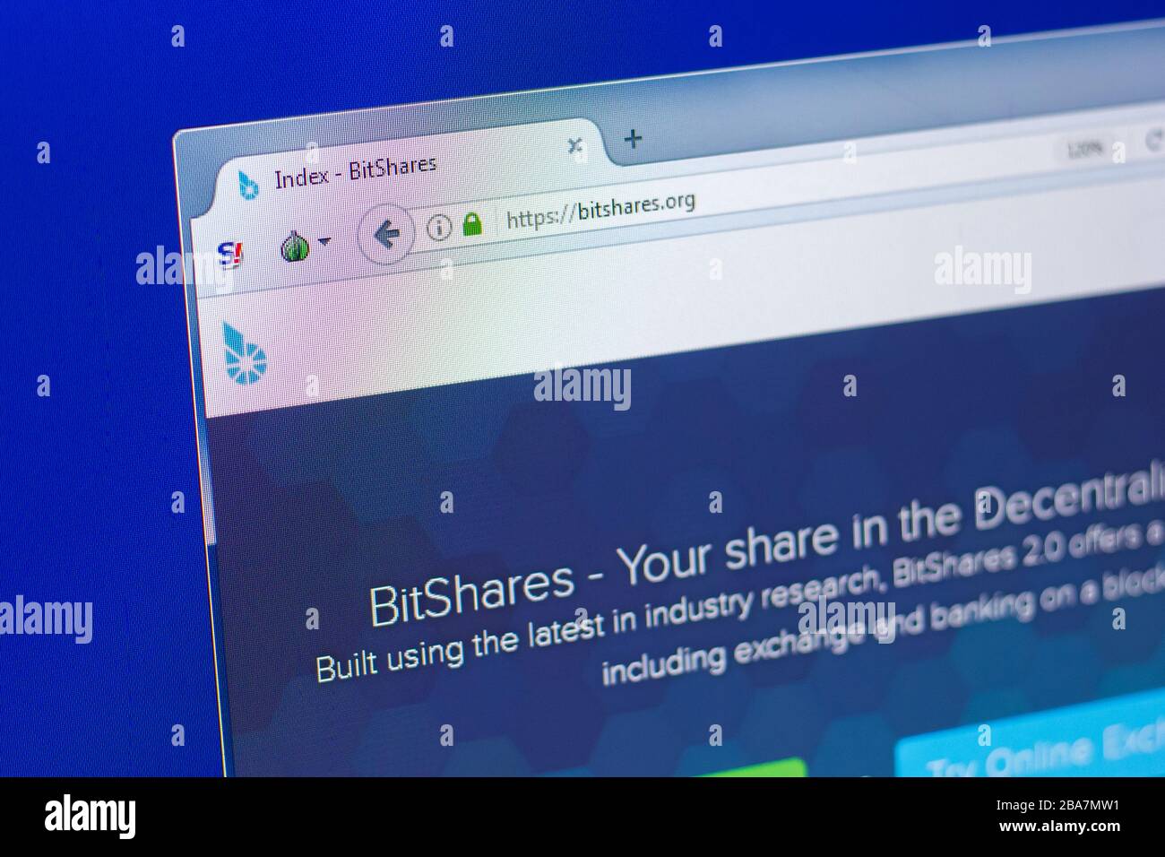 Ryazan, Russia - March 29, 2018 - Homepage of Bitshares cryptocurrency on a display of PC, web ...
