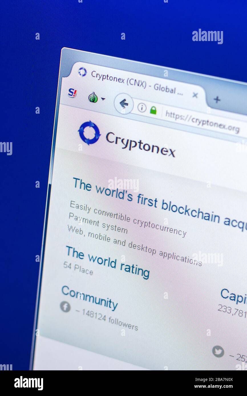 Ryazan, Russia - March 29, 2018 - Homepage of Cryptonex cryptocurrency on a PC display, web ...
