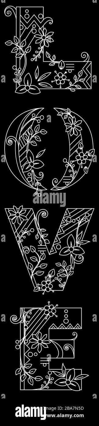 love word vertical strict elegant, decorated with flowers, in doodle ...