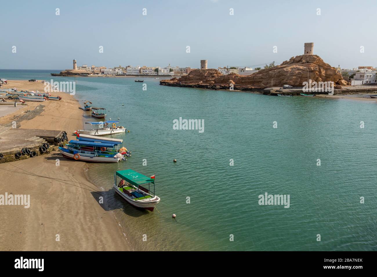 The city of Sur, Oman. Showing traditional boats moored up in the ...