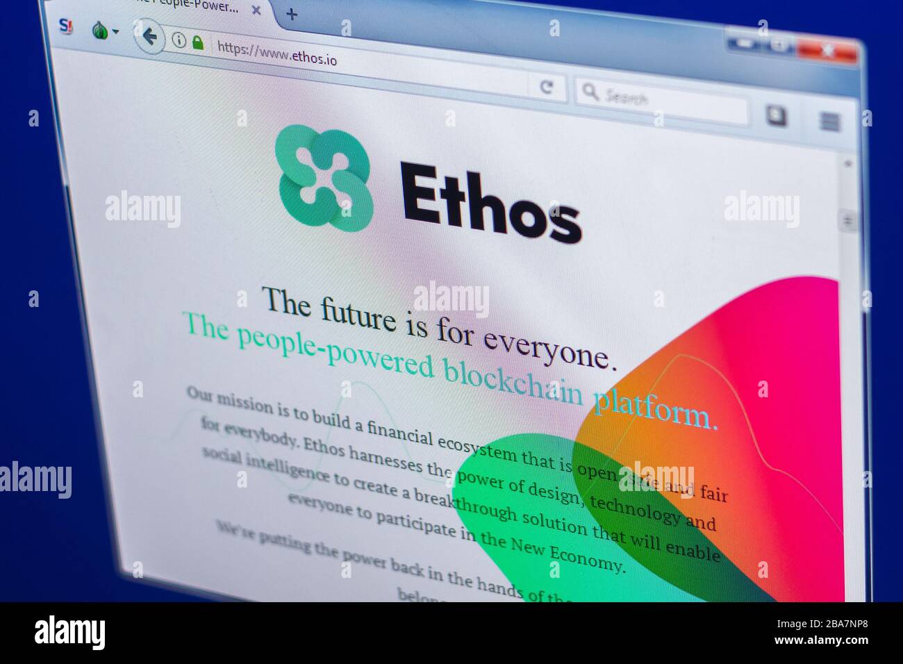 Ryazan, Russia - March 29, 2018 - Homepage of Ethos crypto currency on the display of PC, web ...