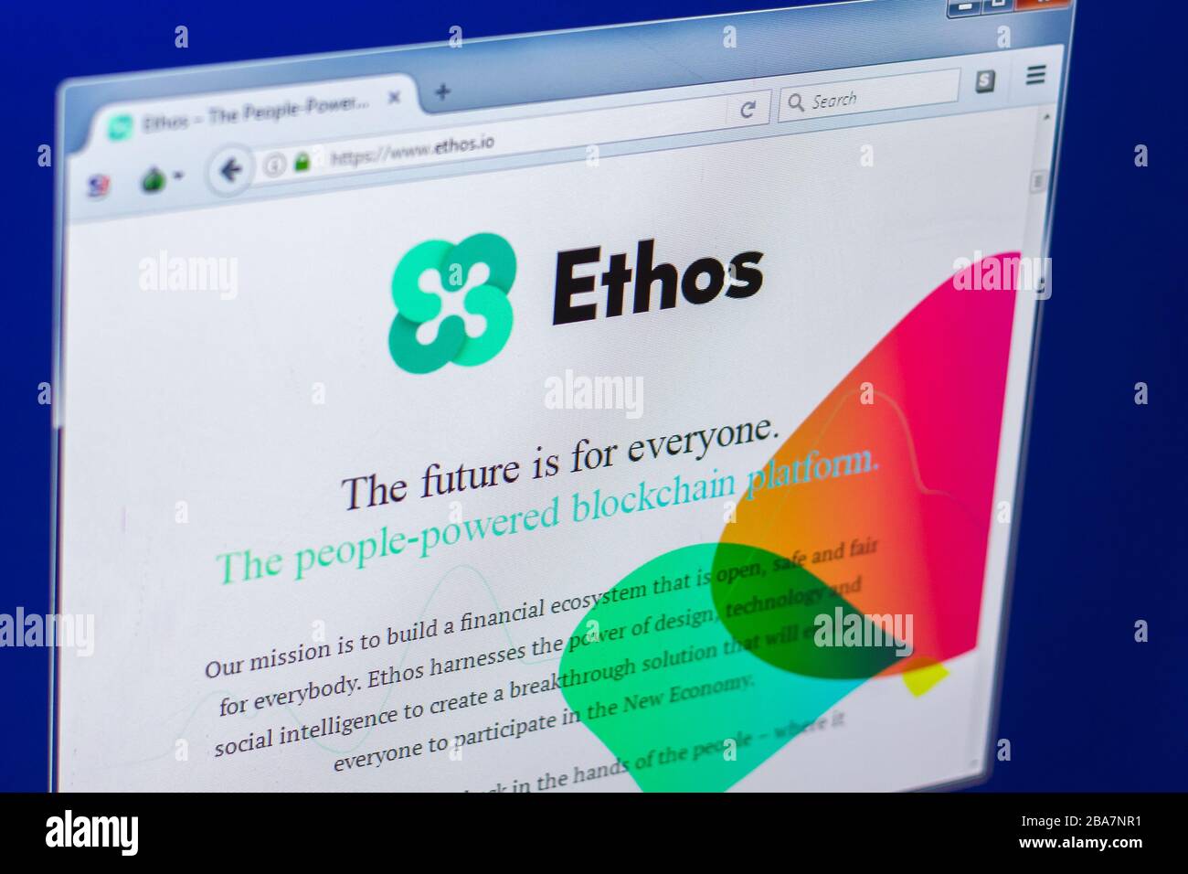 Ryazan, Russia - March 29, 2018 - Homepage of Ethos crypto currency on the display of PC, web ...