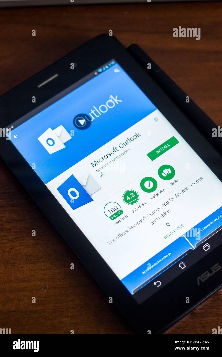Ryazan, Russia - March 21, 2018 - Microsoft Outlook mobile app on the ...