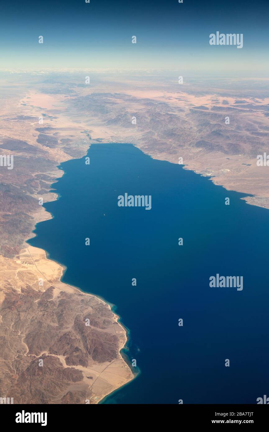Aerial photo of the top of the Gulf Of Aqaba, showing the city of Aqaba ...