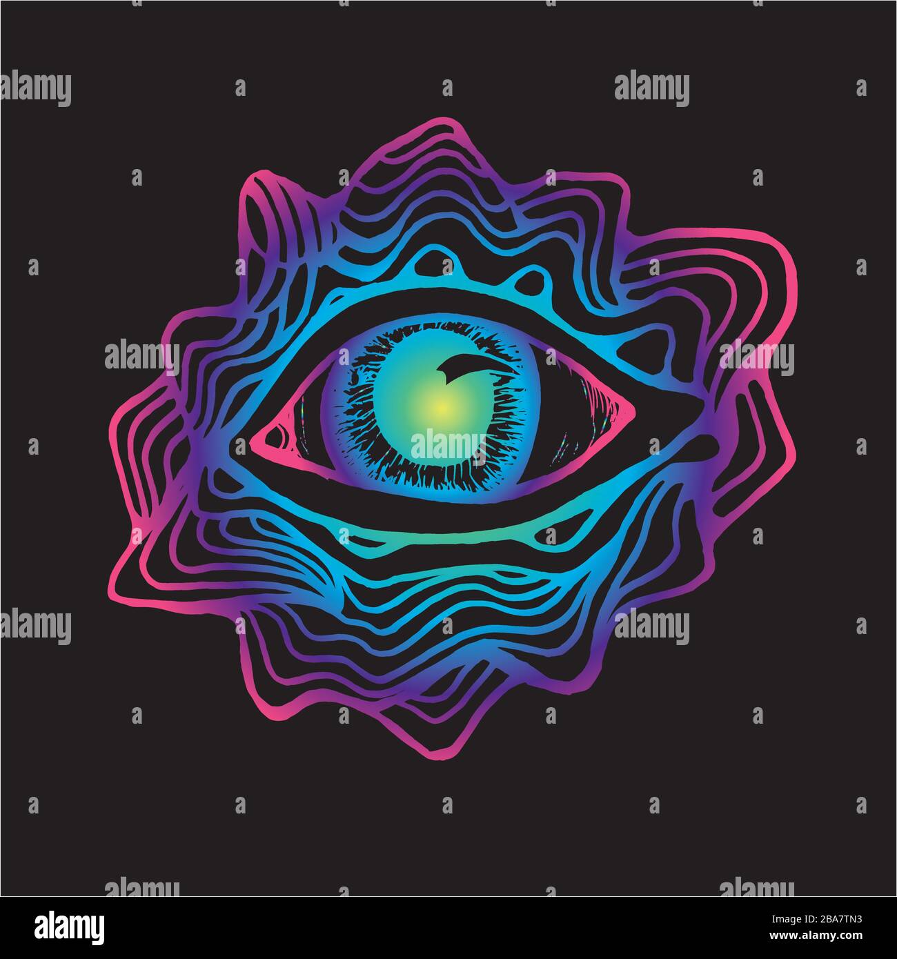 Color neon drawing of the eye, inscribed in a circle of pattern and ...